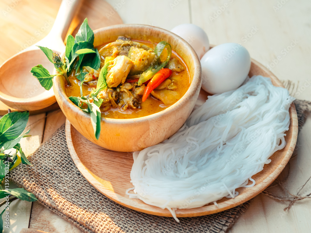 Vintage Thai traditional food style Thai vermicelli eaten with green ...