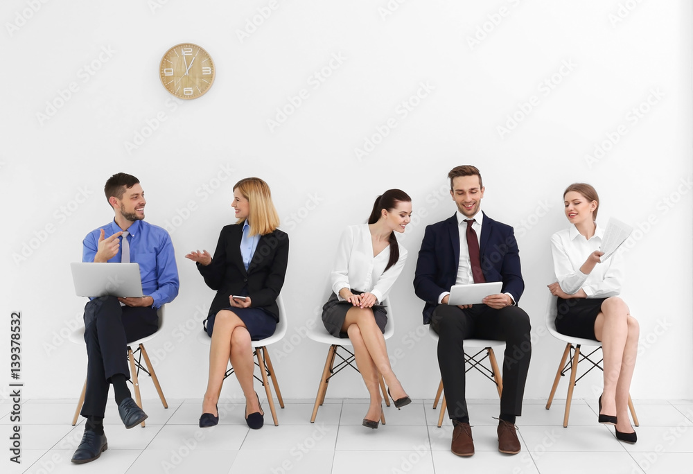 Group of people waiting for job interview on white background Stock ...