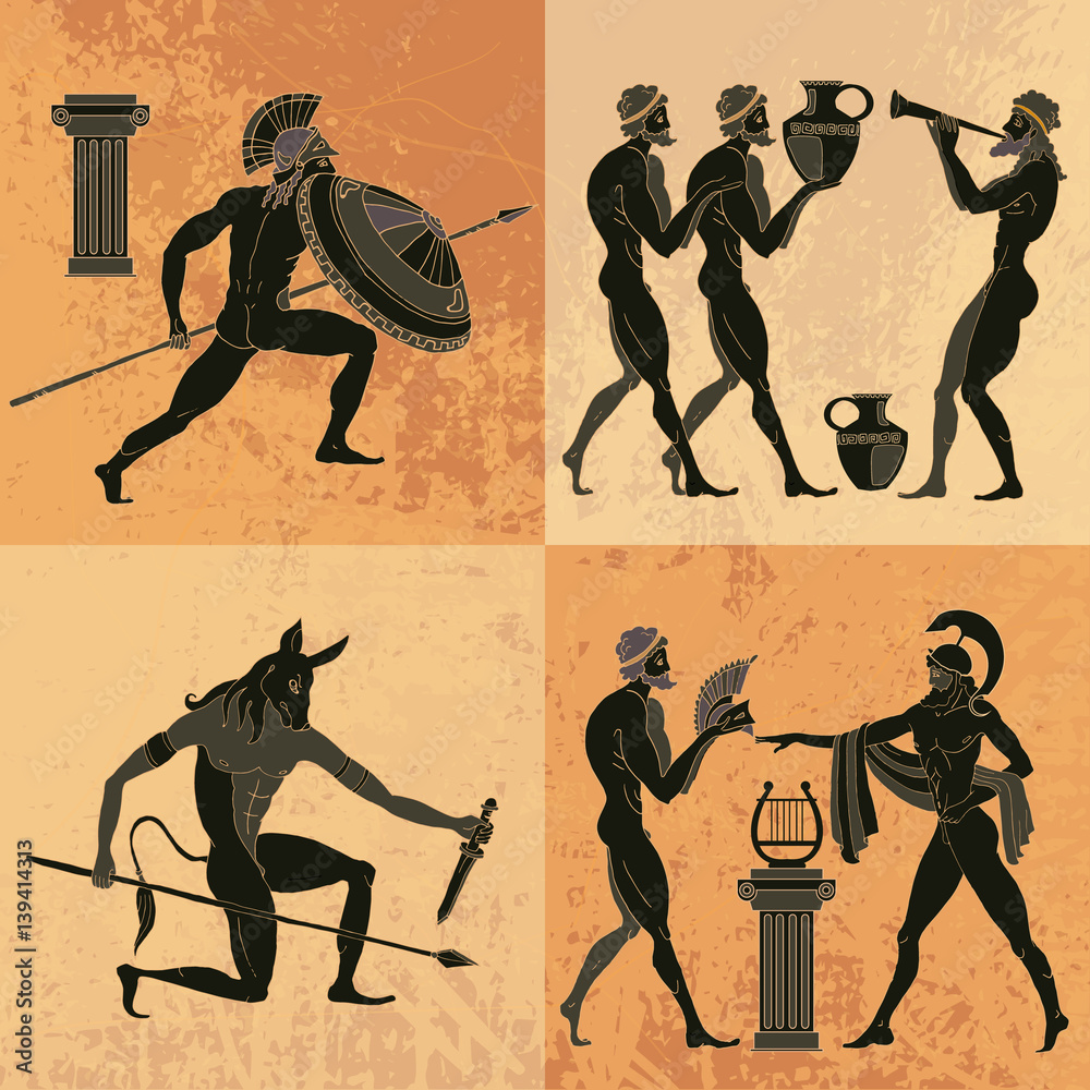 Ancient Greek mythology set. Ancient Greece scene. Black figure pottery ...