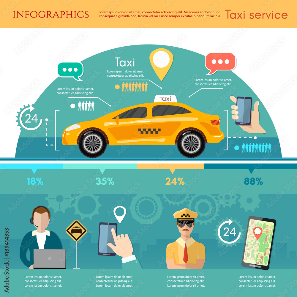 Taxi service infographic. Yellow taxi cab. Hands with smartphone and ...