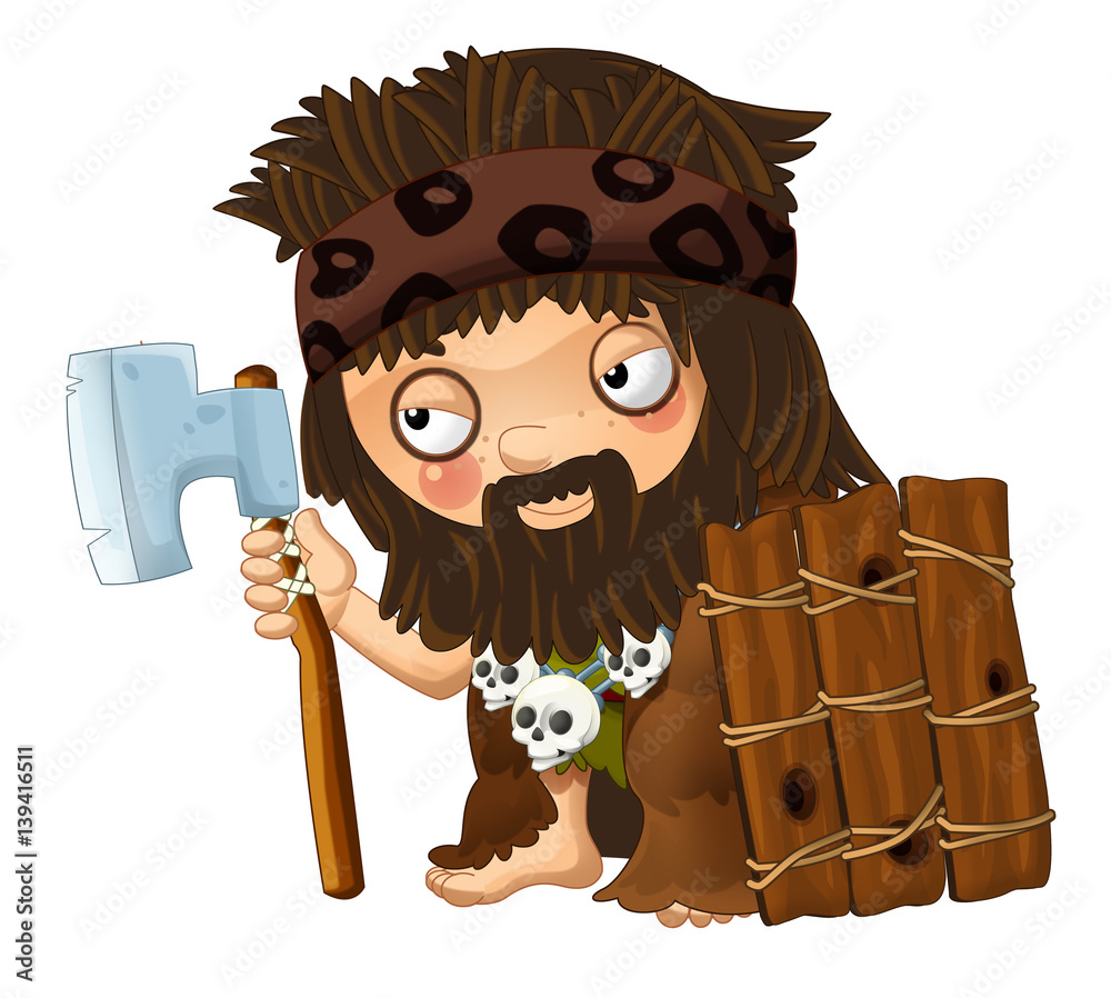cartoon scene with happy barbarian warrior holding axe and shield ...