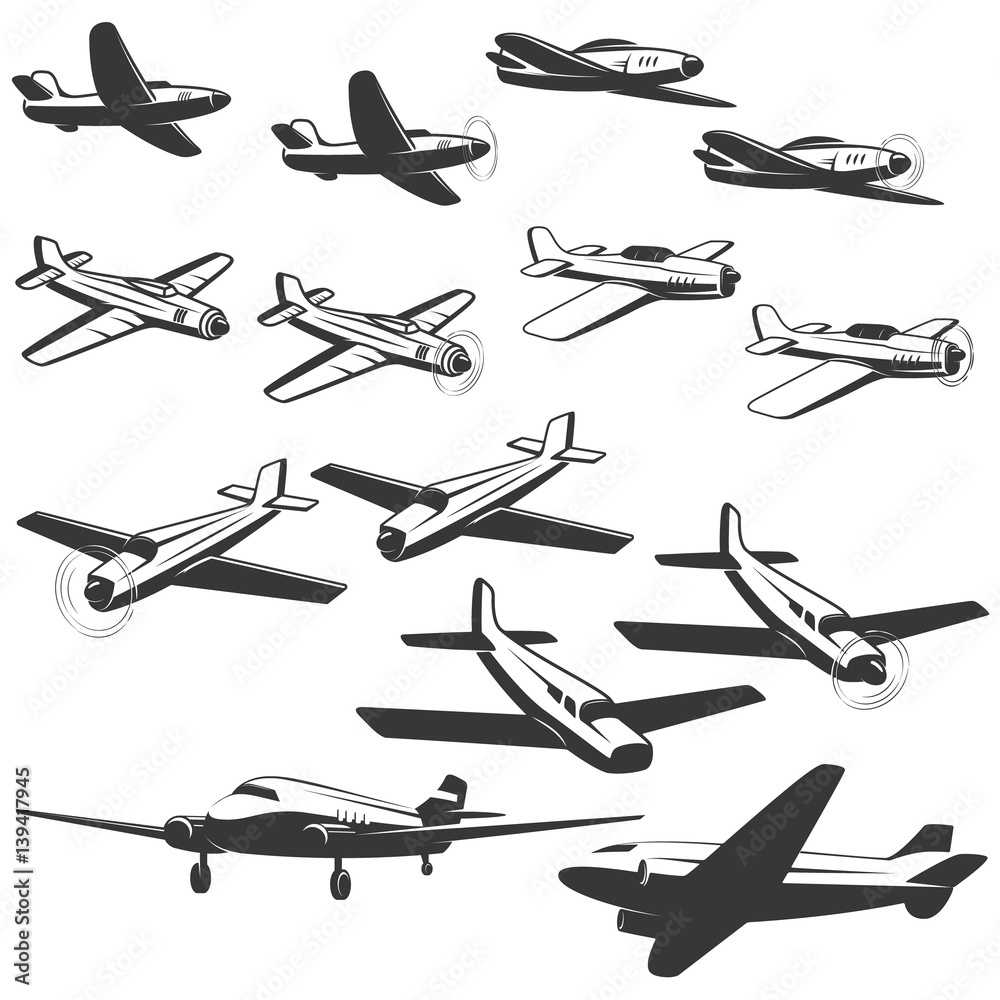 set of aircraft icons isolated on white background. Design elements for ...