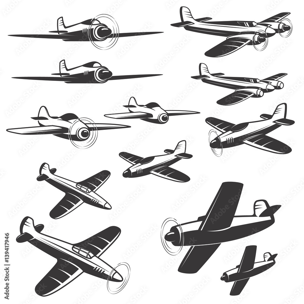 set of aircraft icons isolated on white background. Design elements for ...