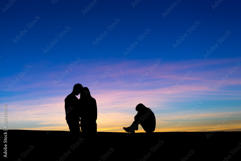 Silhouette of Complicated love relationship between three people. One ...