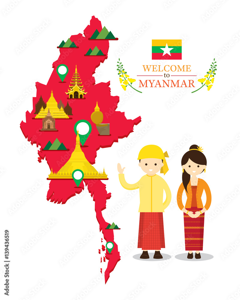 Myanmar Map and Landmarks with People in Traditional Clothing, Culture ...