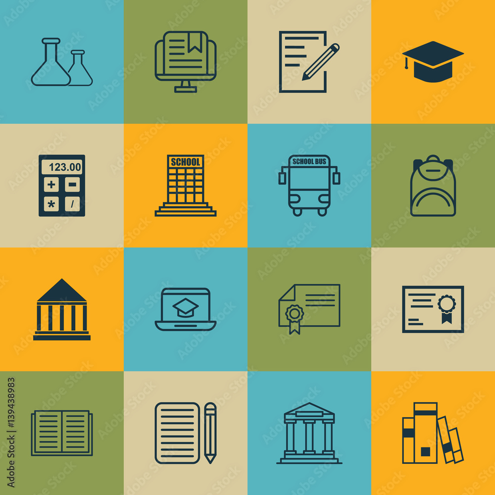 Set Of 16 Education Icons. Includes College, Academy, Haversack And ...