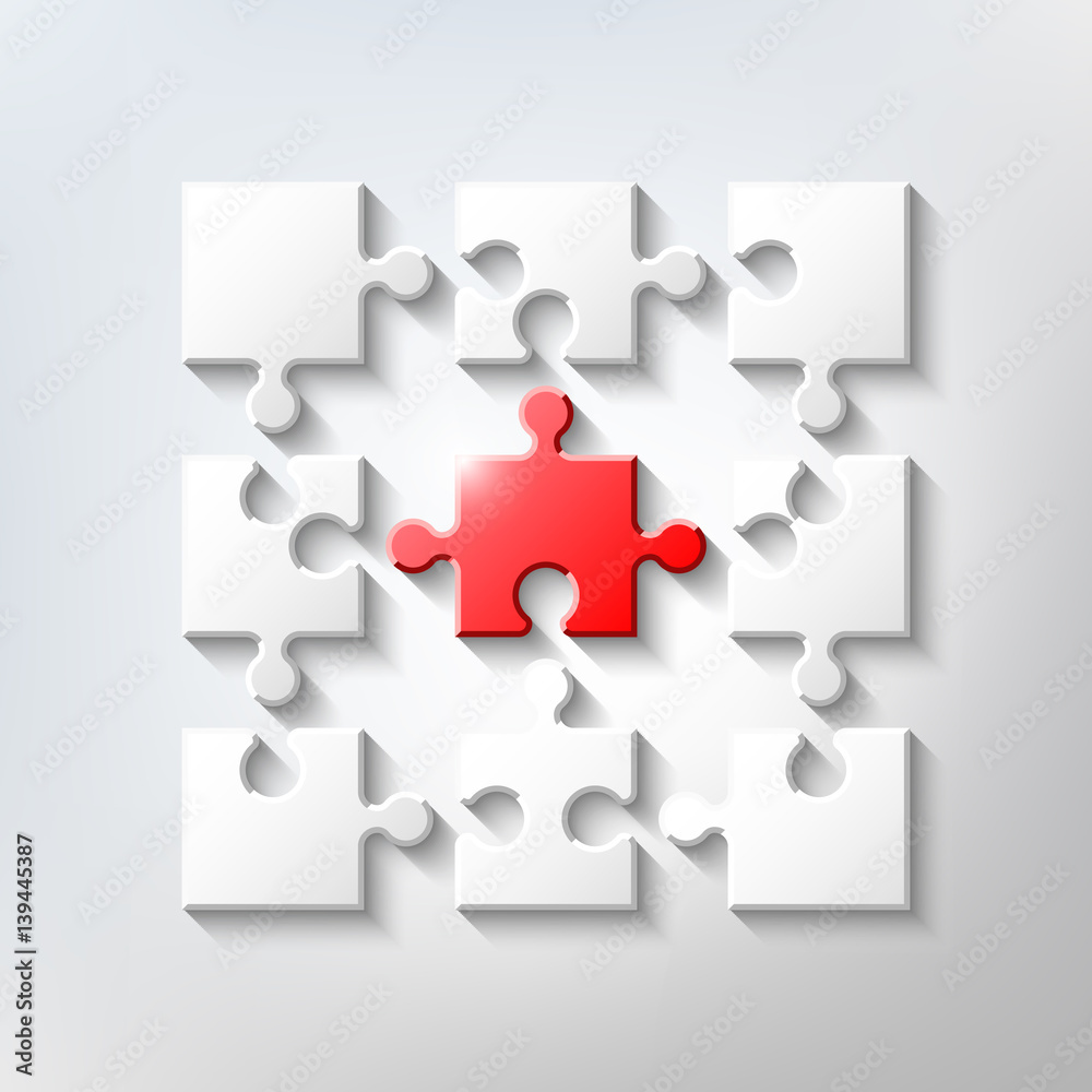 Puzzle pieces are assembled in the square. 1 red exception piece in a ...