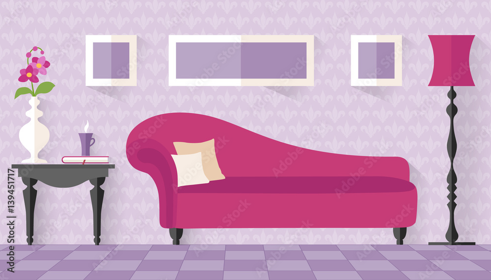 Interior with pink couch in flat style. living room, lounge. Vector ...