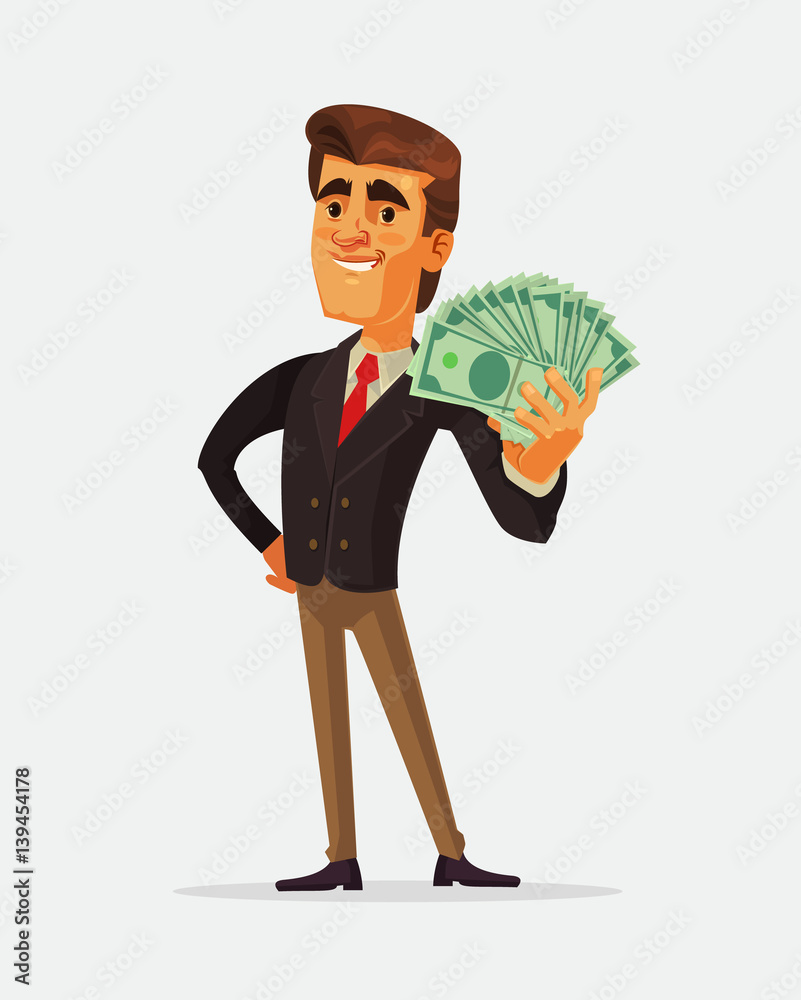 Happy rich businessman character hold fan of money. Vector flat cartoon ...