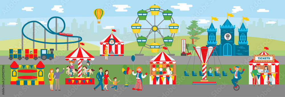 Amusement park illustration. Circus and ferris, fun fair and roller ...