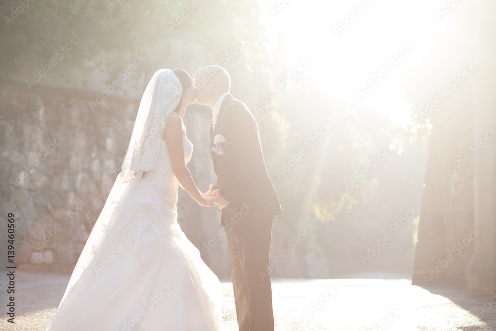 Bride and groom at wedding Day walking Outdoors on spring nature ...