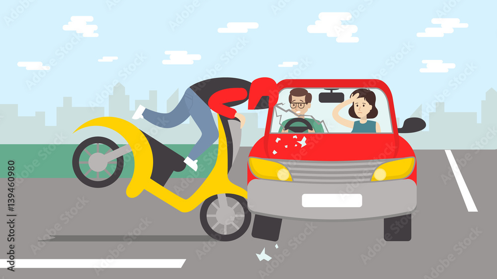 Car accident with motorbike. Dangerous crash on the road. Motorcycle ...