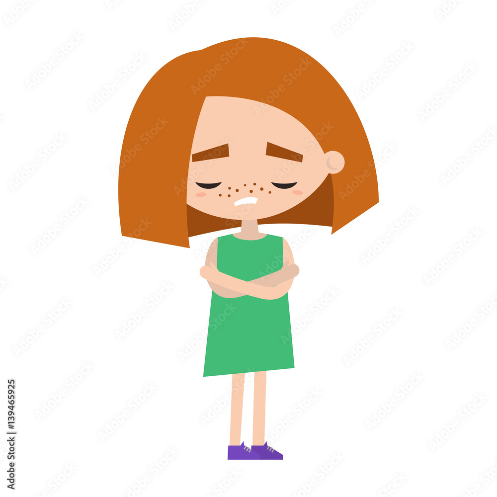 Sad offended girl with read hair cartoon illustration, Vector flat ...