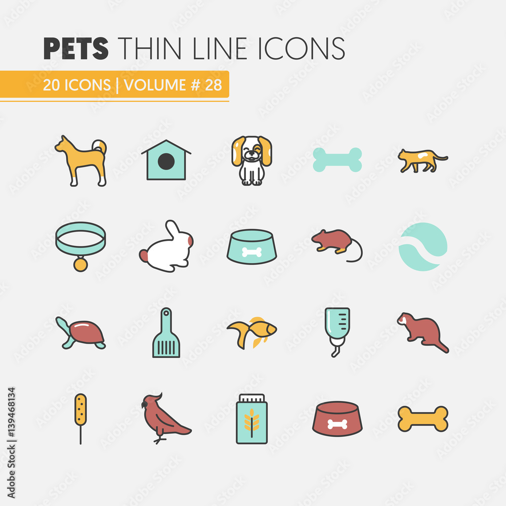 Pets Linear Thin Line Vector Icons Set with Dog Cat Bird and Fish Stock ...