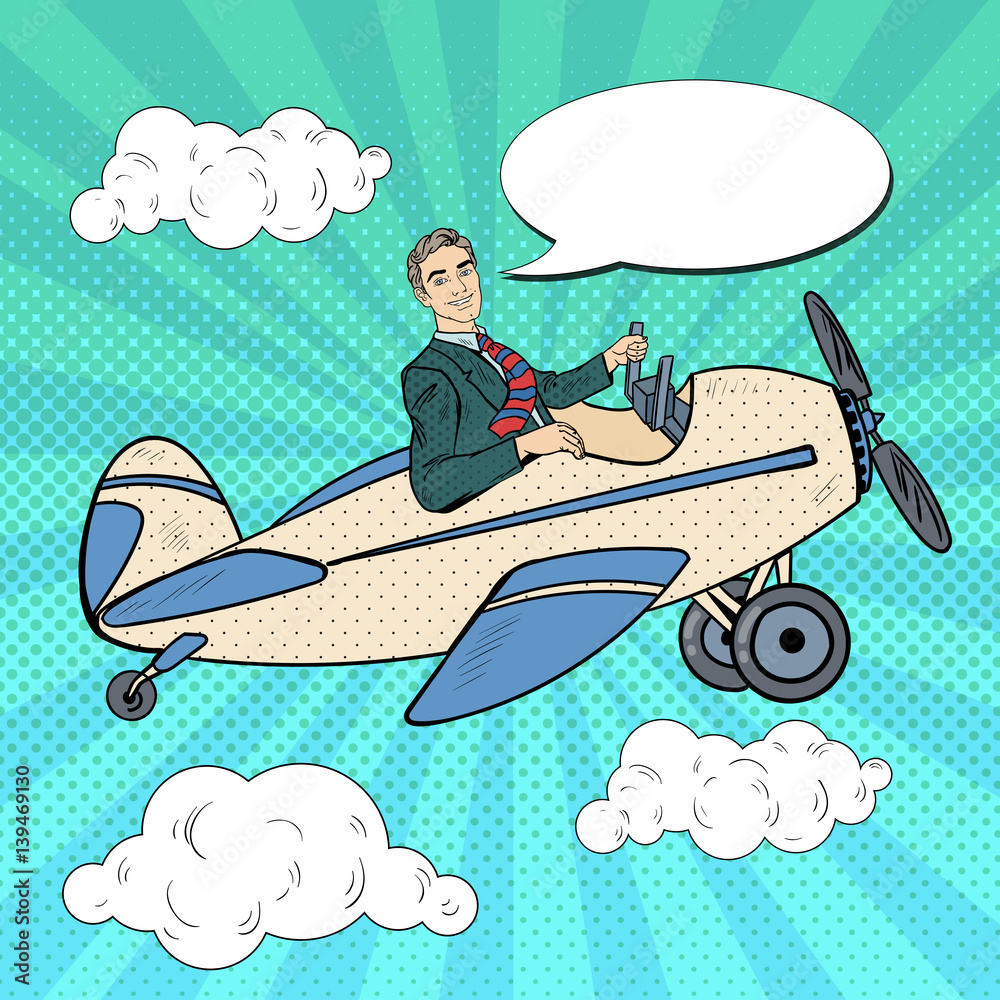 Pop Art Man Riding Retro Airplane with Comic Speech Bubble. Vector ...