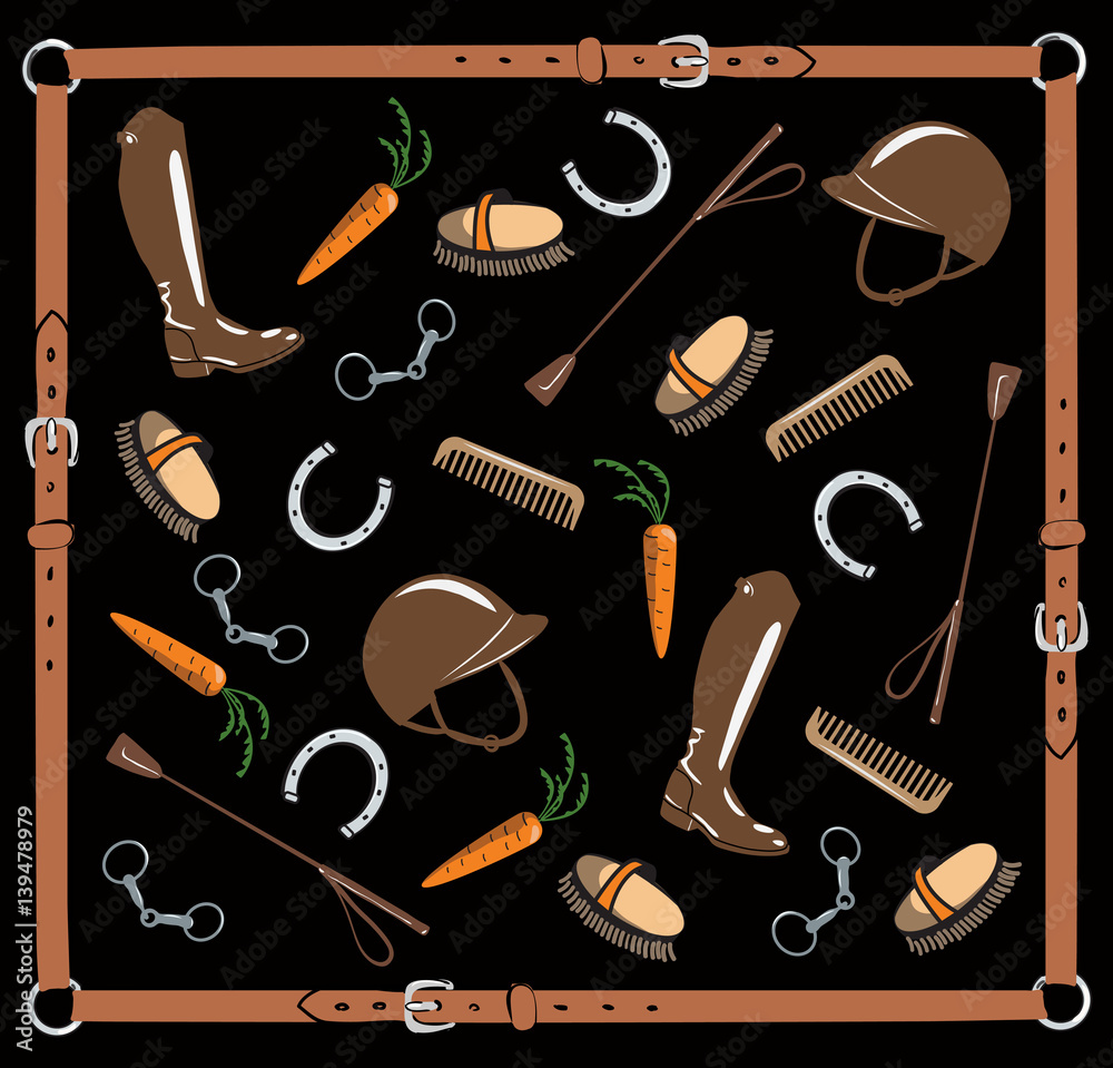 Horse riding tack in leather belt frame on black. Vector bit, whip ...