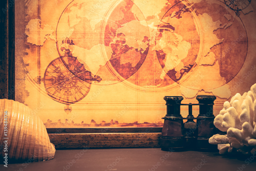 Vintage adventure treasure hunt background with antique sea map ...