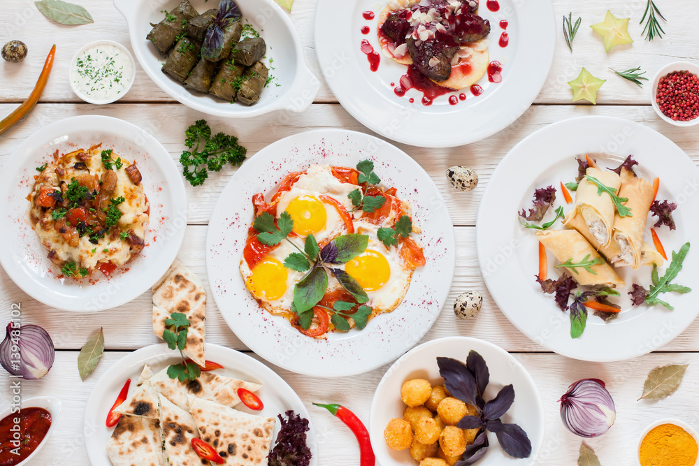 Breakfast meals variety in restaurant flat lay. Top view on buffet ...