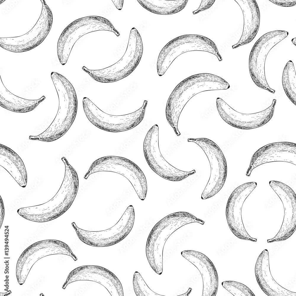 Banana vector seamless pattern. Isolated hand drawn object on white ...