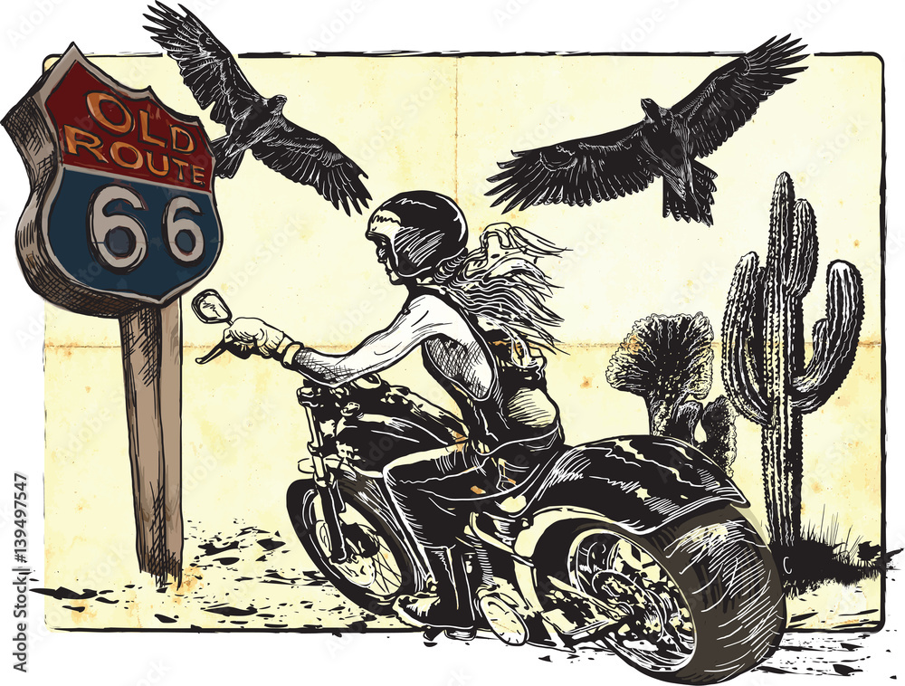 An woman from behind riding motorcycle, chopper bike on the route 66 ...