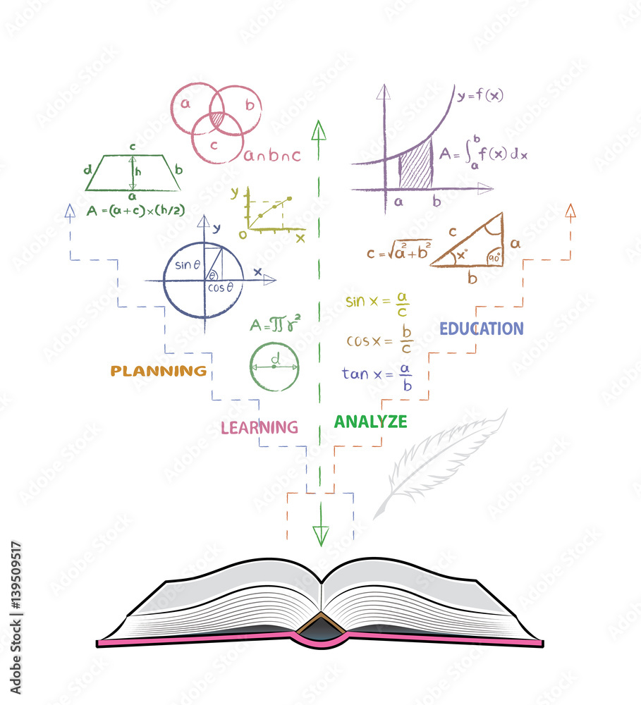 Open book and mathematical formulas. Drawing of mathematical in doodle ...