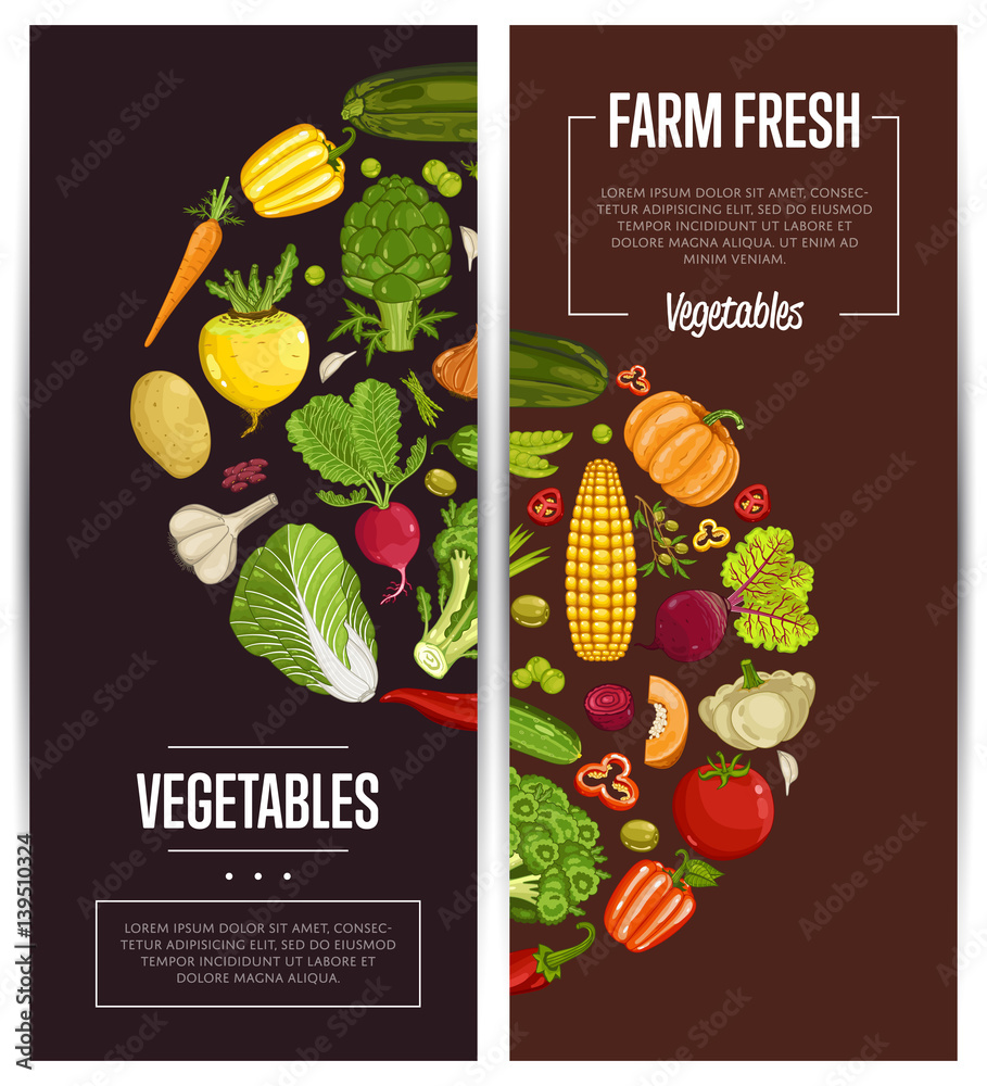 Fresh vegetable farming flyers set vector illustration. Natural growing ...