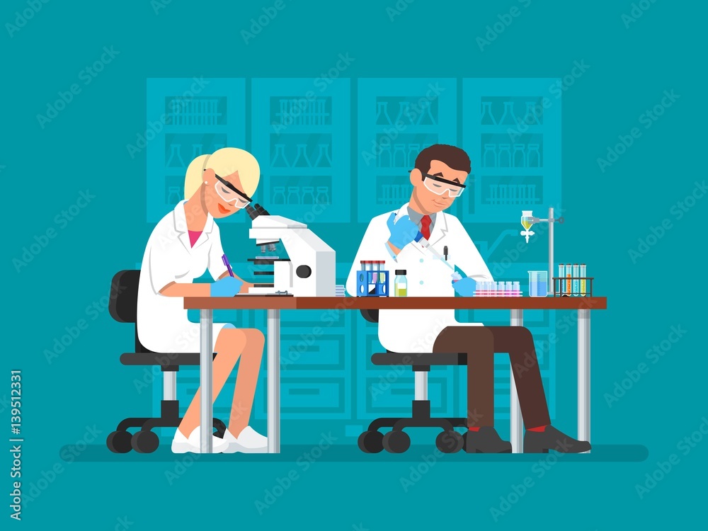 Vector illustration of scientists working at science lab, flat style ...