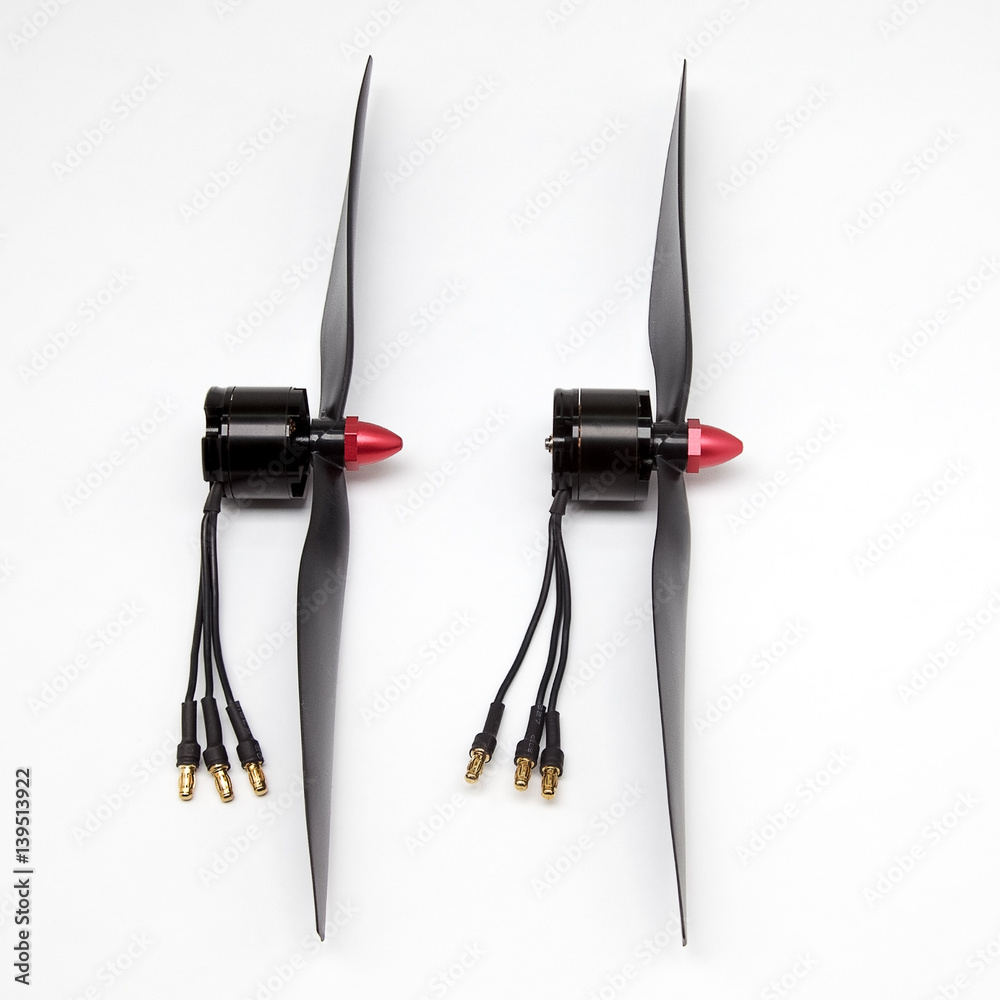 set for the drone of two engines with propellers closeup on a white ...