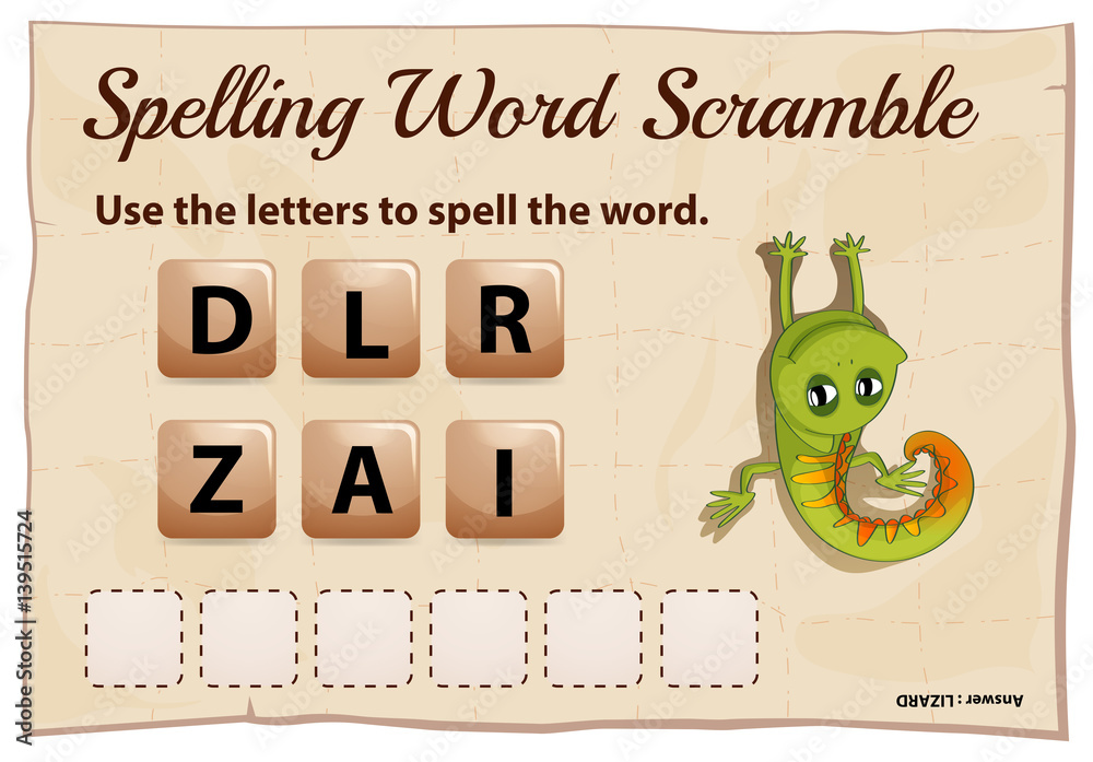 Spelling word scramble game with word lizard Stock Vector | Adobe Stock