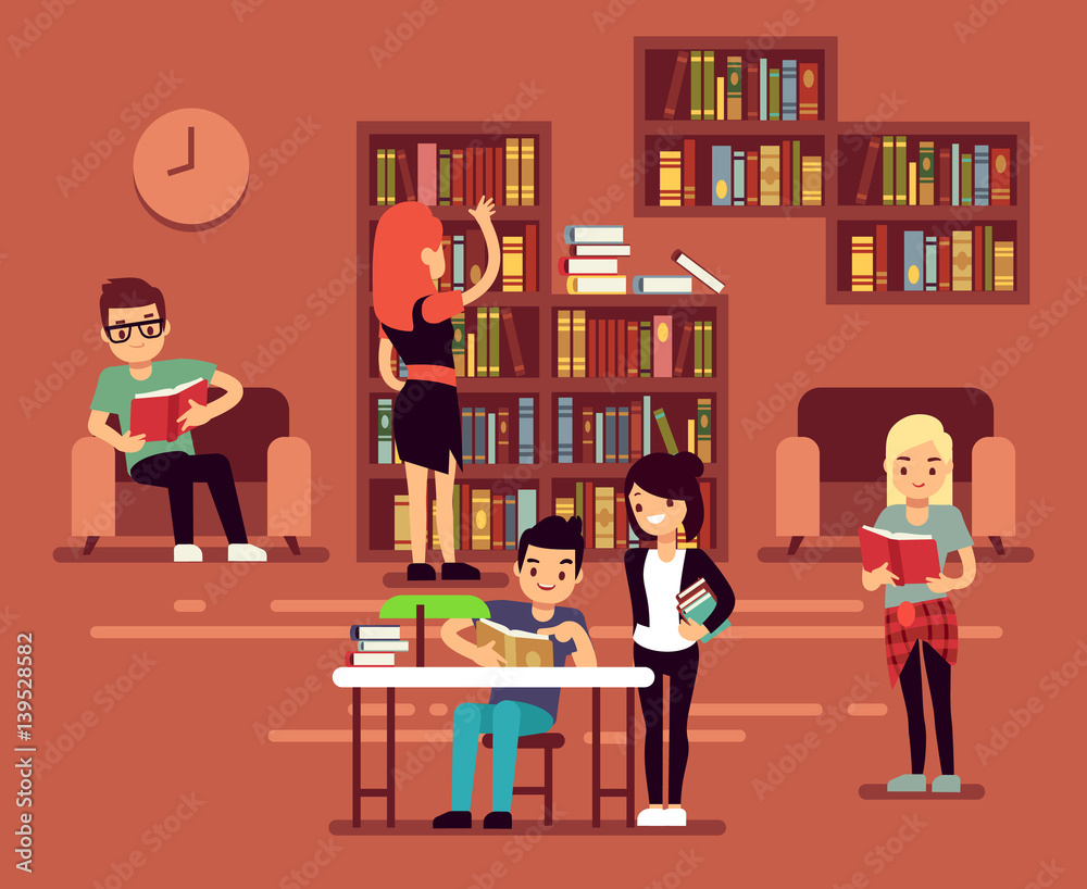 Bibliotheca, school library interior with student vector illustration ...
