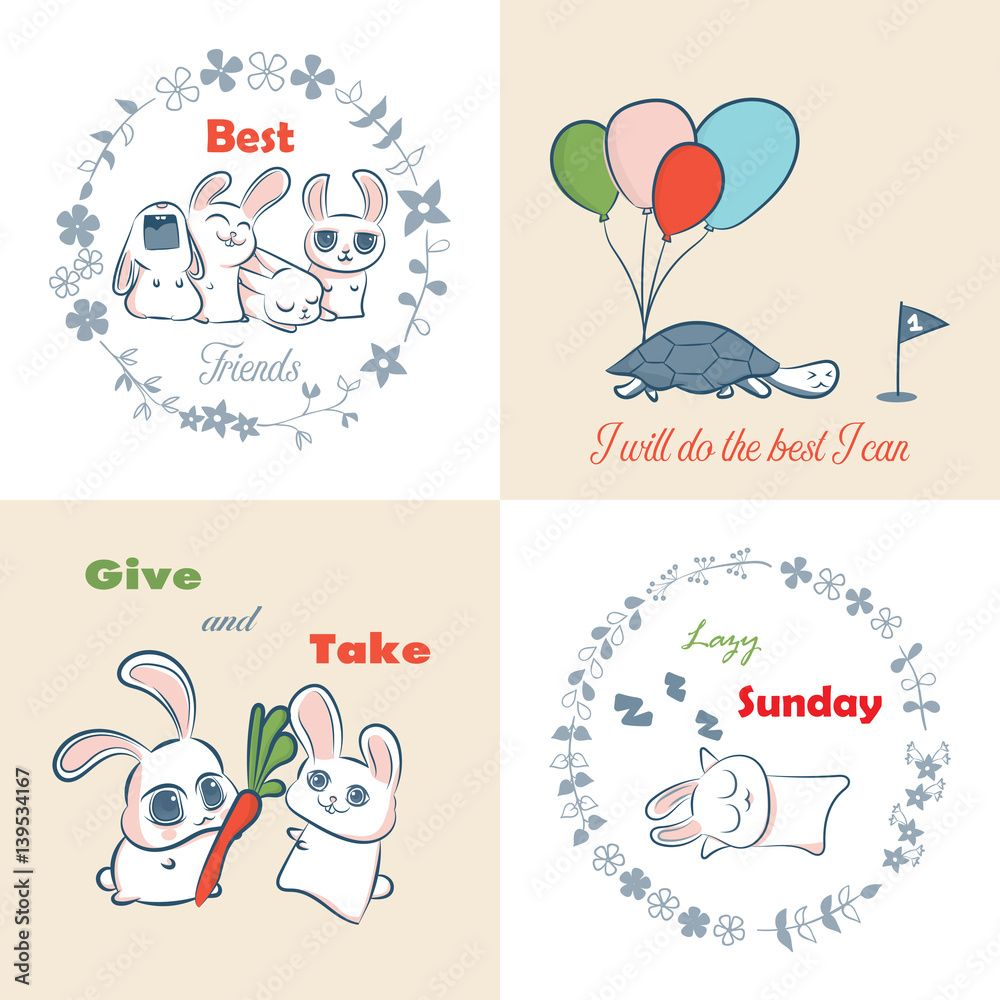 Cute rabbit and turtle doodle hand drawing vector illustration Stock ...