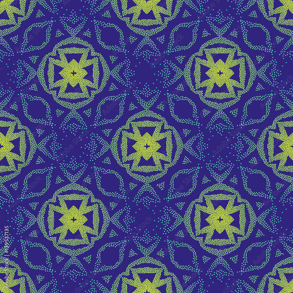 Seamless violet and light green ethnic pattern made of dots. A ...