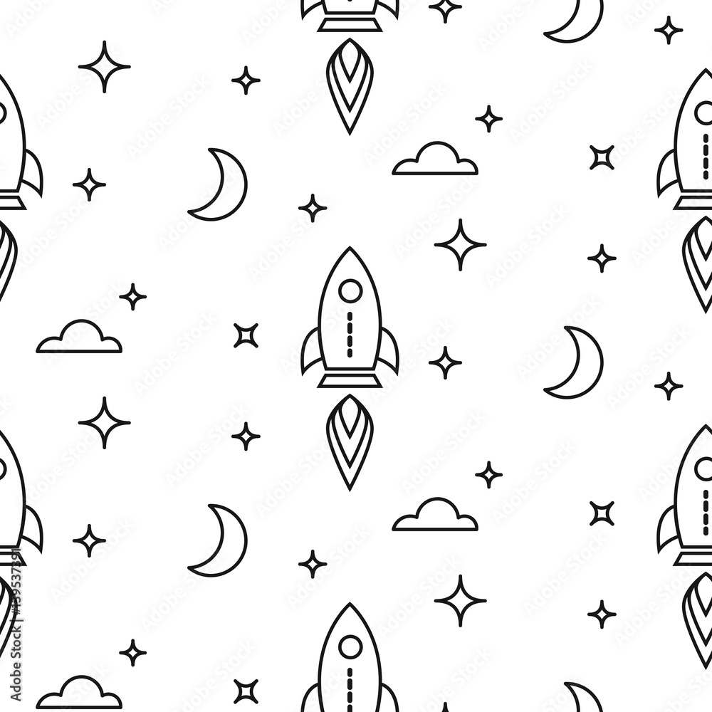 Space rocket scandinavian line style seamless pattern. Little dreamer ...