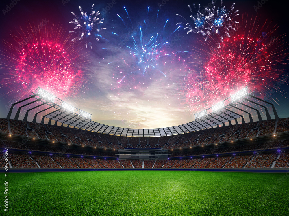 stadium sunset with people fans and fireworks. 3d render illustration ...