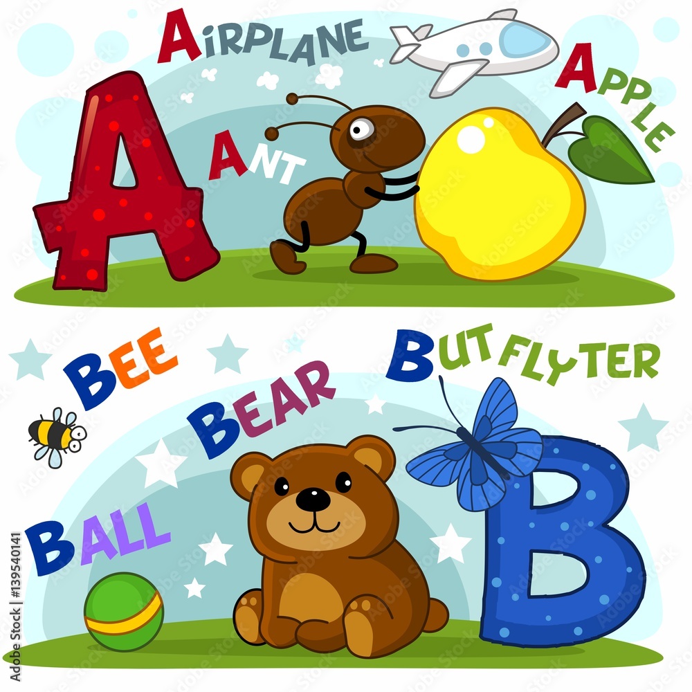 English alphabet with letters a and b and pictures to them Stock Vector ...