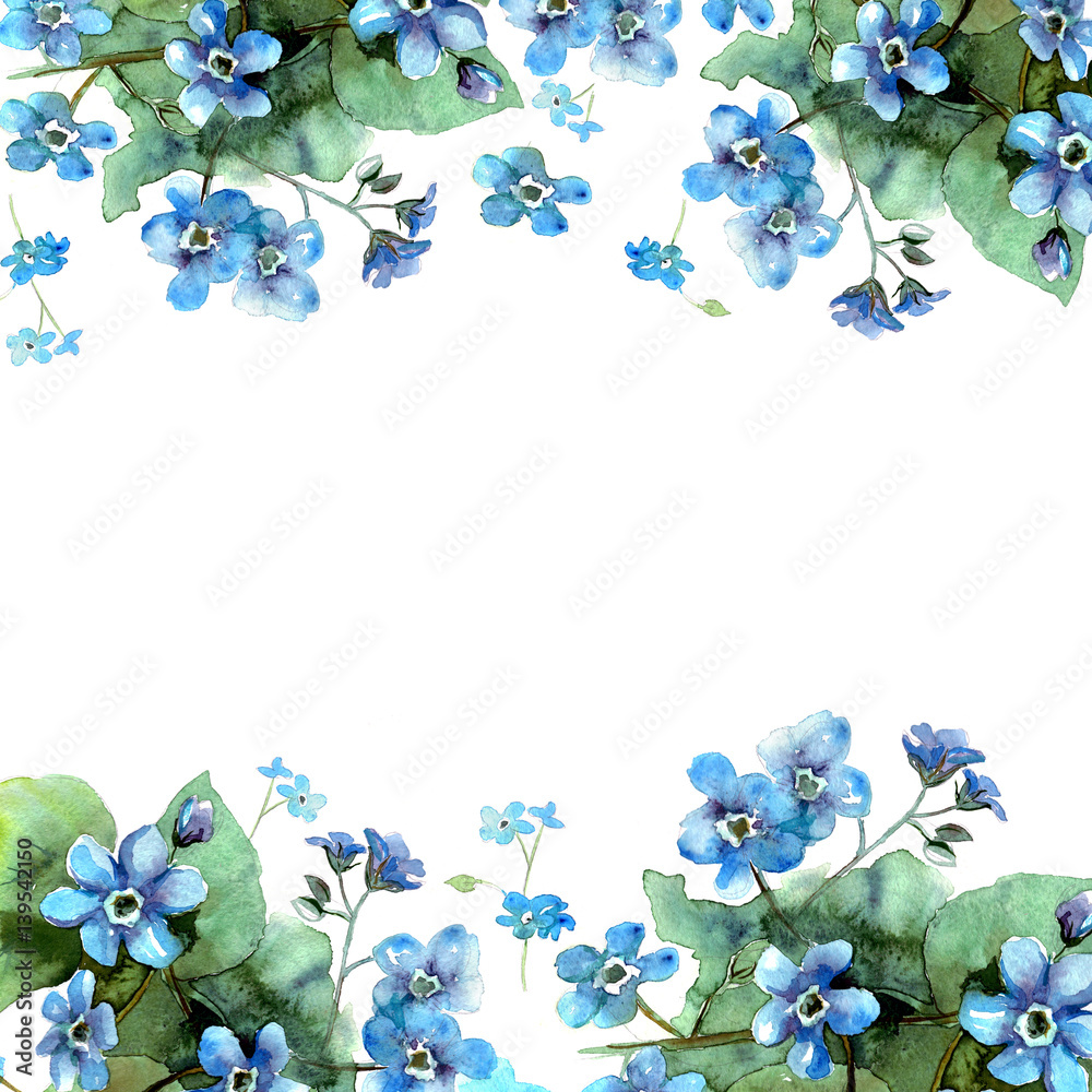 Cute watercolor flower border. Background with blue watercolor forget ...