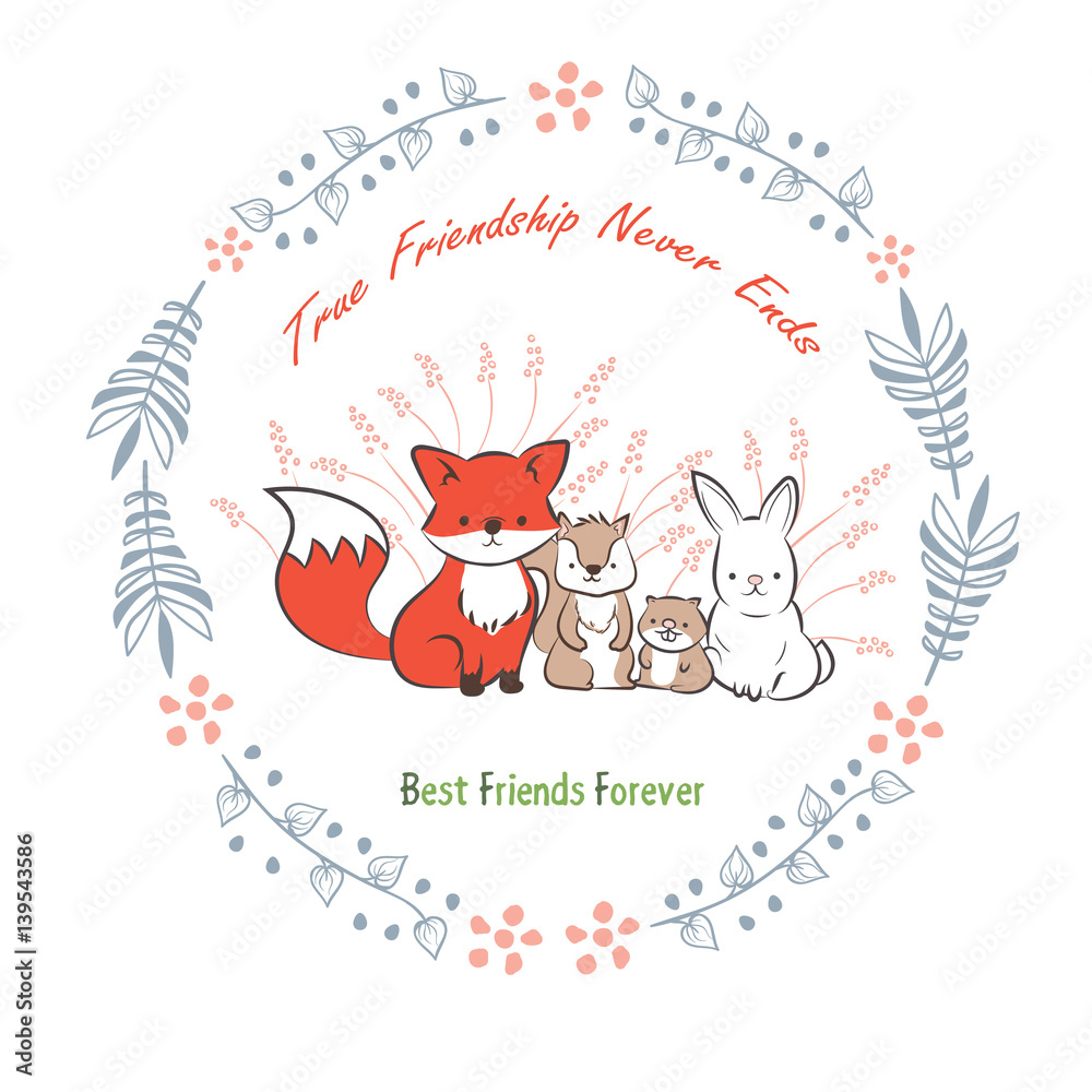 doodle set of best friends forever. cute rabbit, squirrel, fox and ...