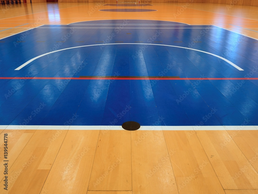Basketball court inside. White lines and blue playfield in hall ...