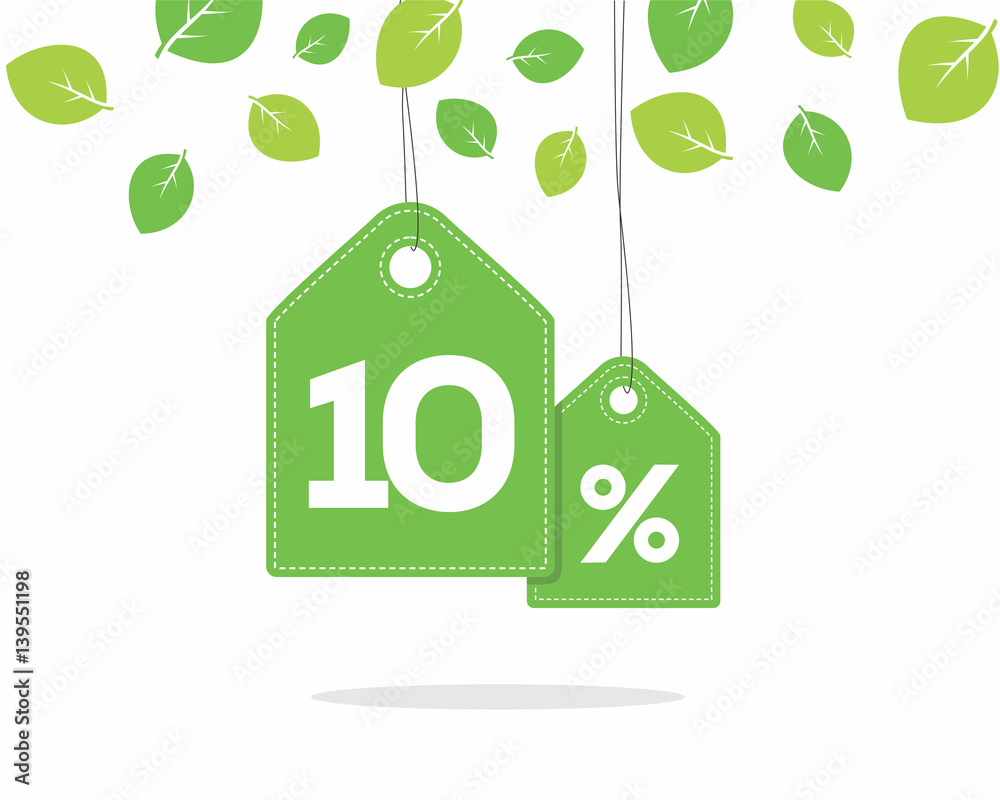 Vector green hanging price tag labels with 10% text on them and with ...