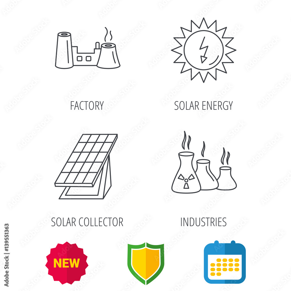 Solar collector energy, factory and industries icons. Solar energy ...