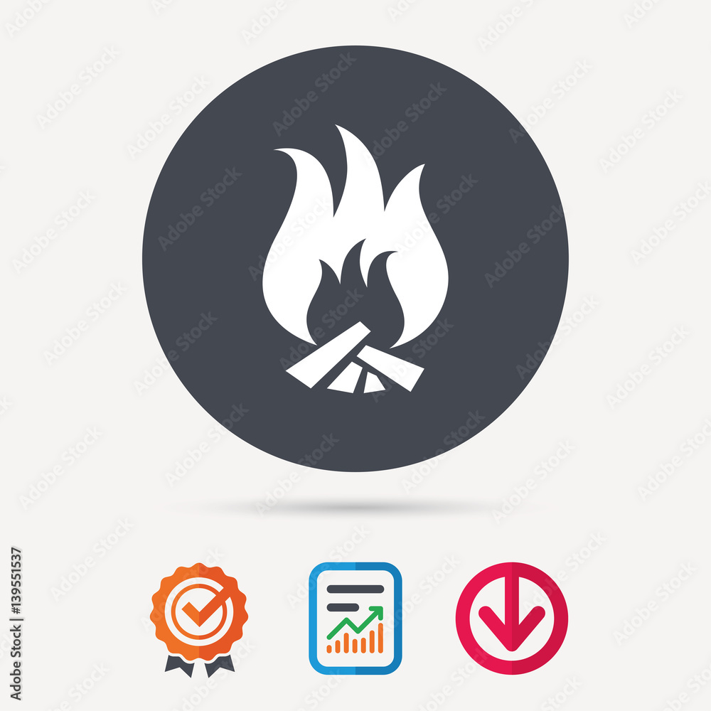 Fire icon. Blazing bonfire flame symbol. Report document, award medal ...