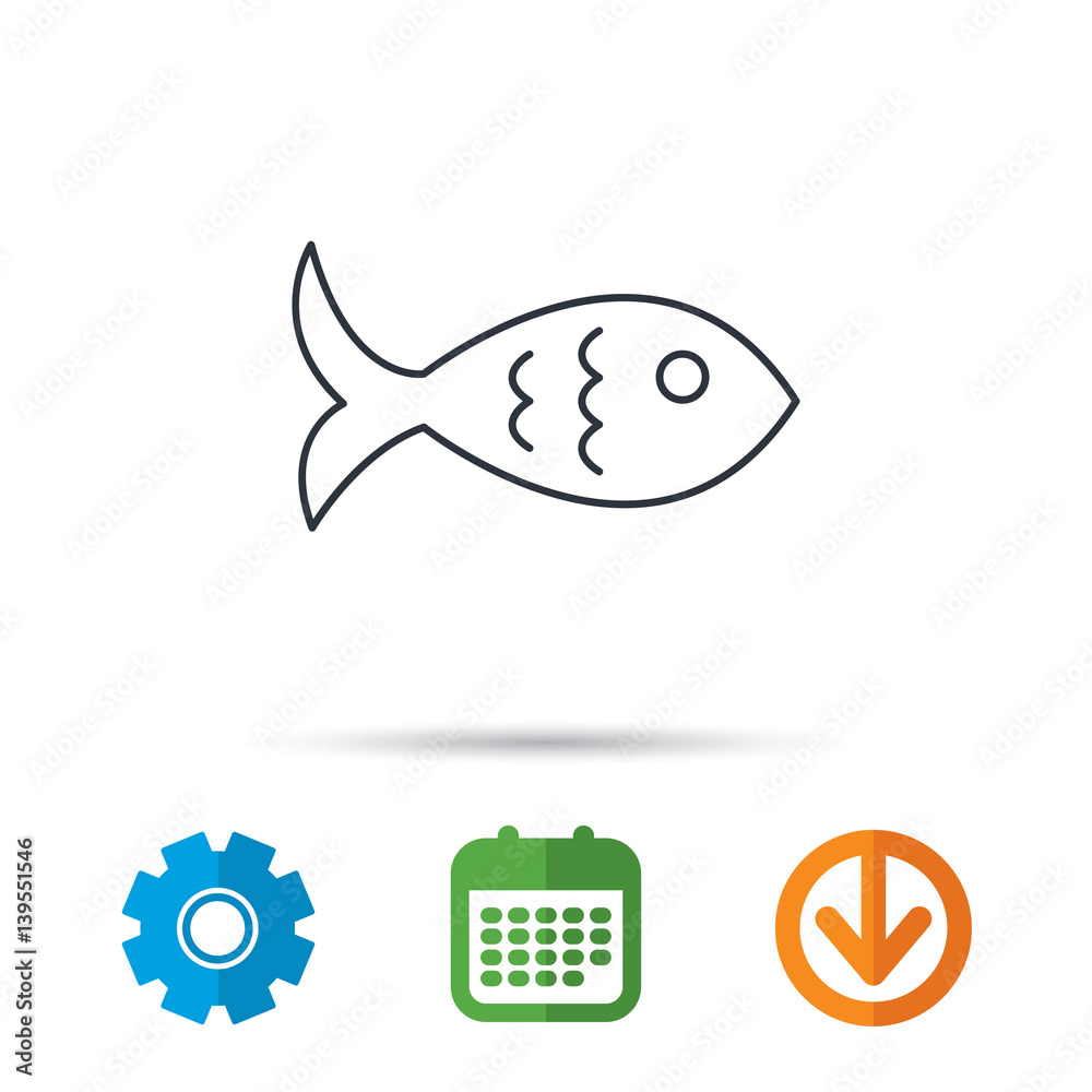 Fish icon. Seafood sign. Vegetarian food symbol. Calendar, cogwheel and ...