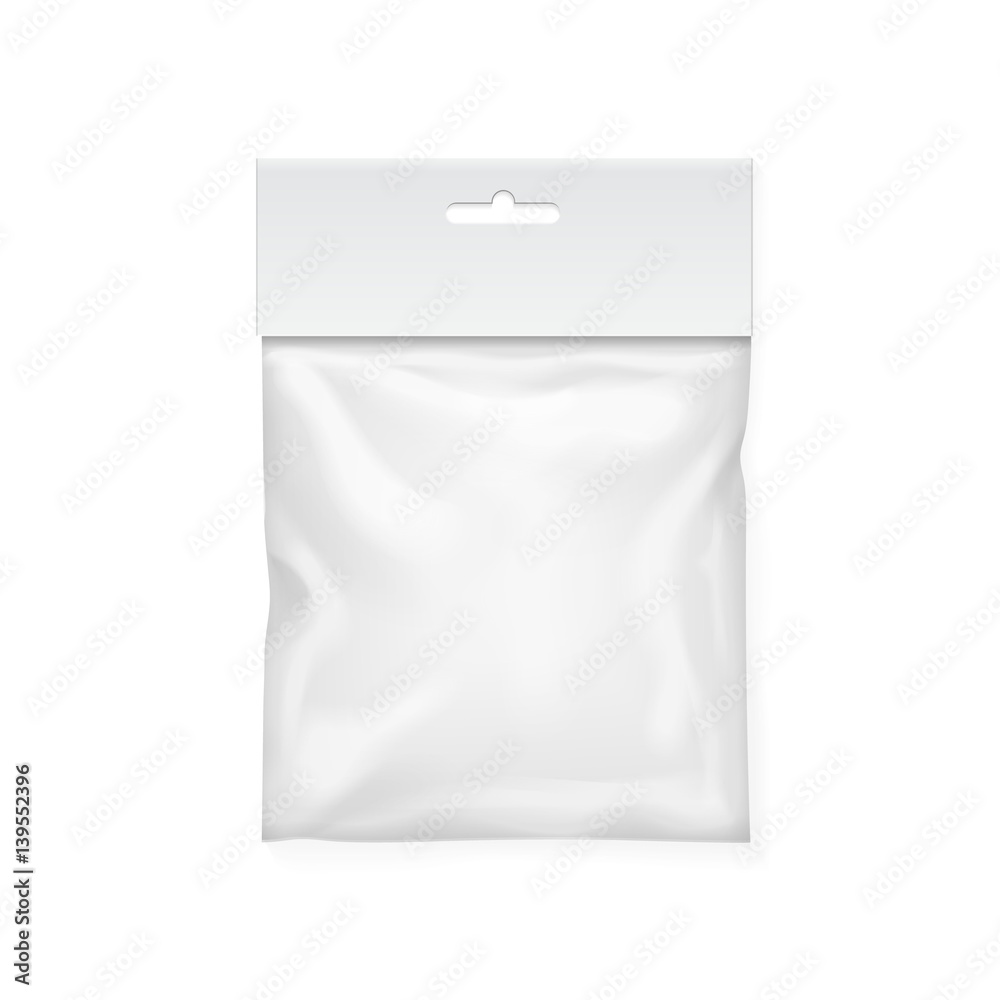 Plastic bag template. White blank packaging with hang slot. Mock up ...
