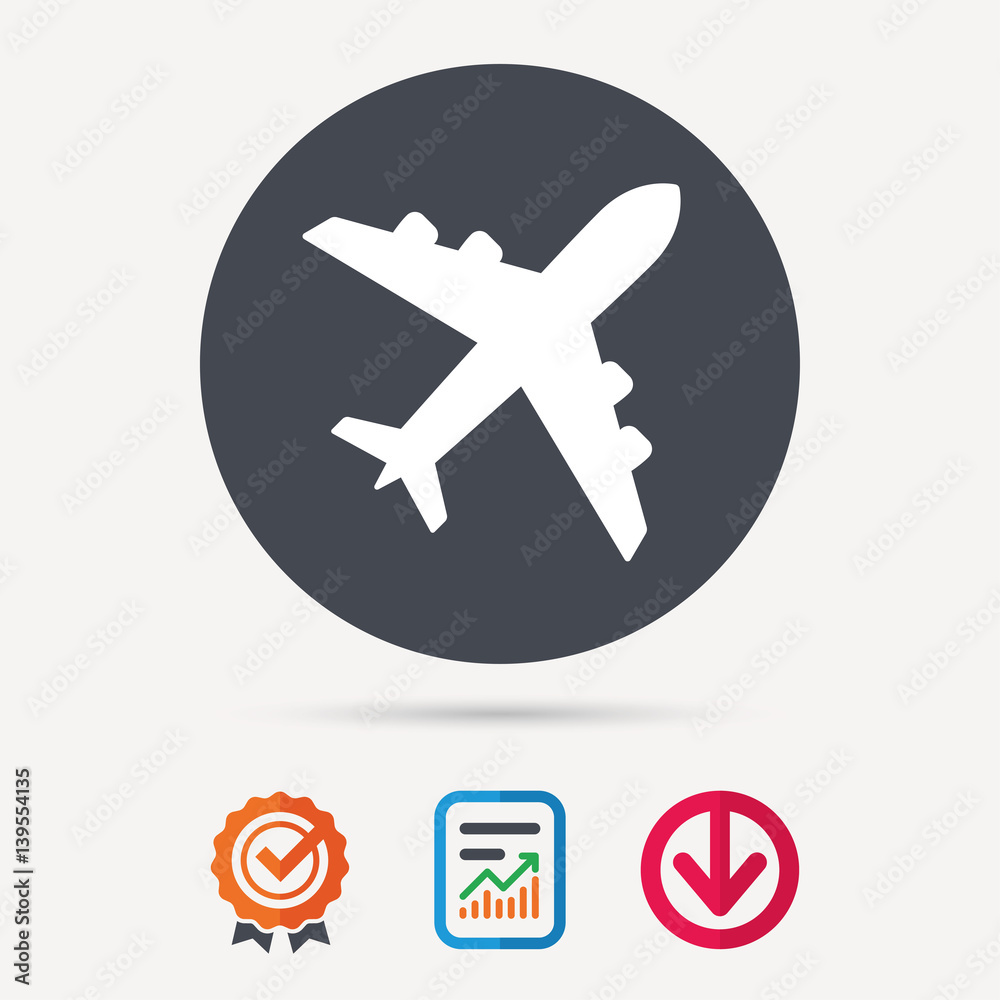 Plane icon. Flight transport symbol. Report document, award medal with ...