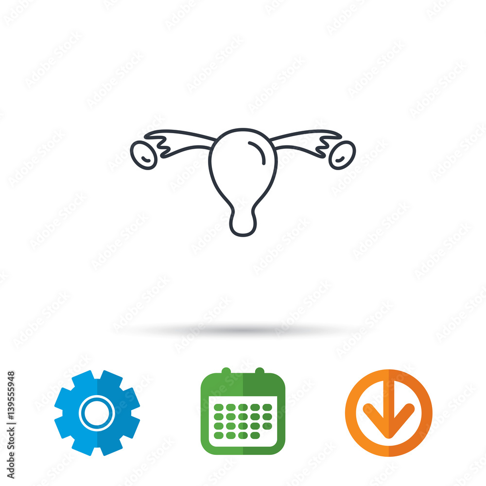 Uterus icon. Ovary sign. Gynecology health symbol. Calendar, cogwheel ...