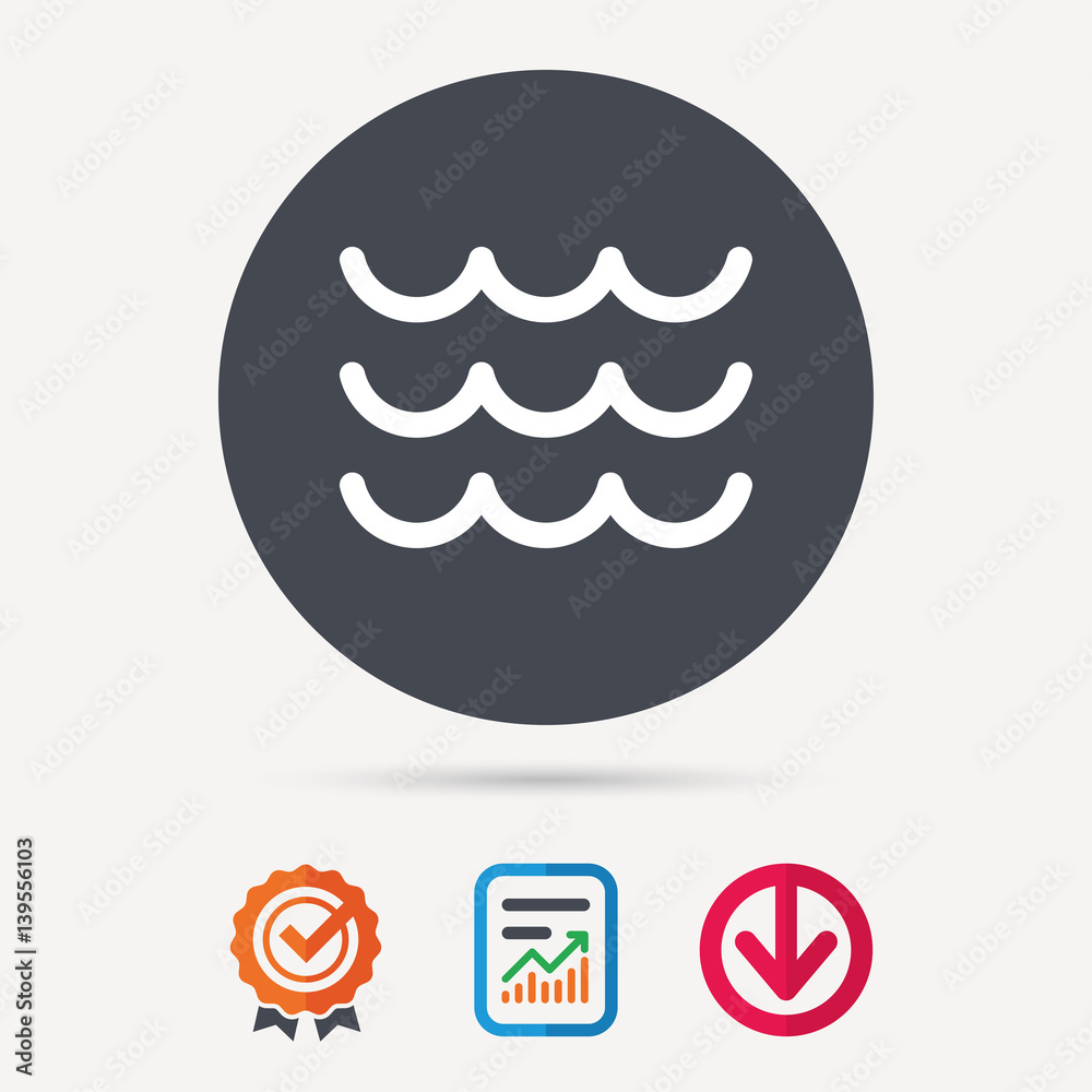 Wave icon. Water stream symbol. Report document, award medal with tick ...
