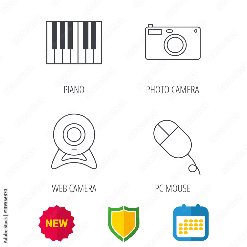 Piano, web camera and photo camera icons. PC mouse linear sign. Shield ...
