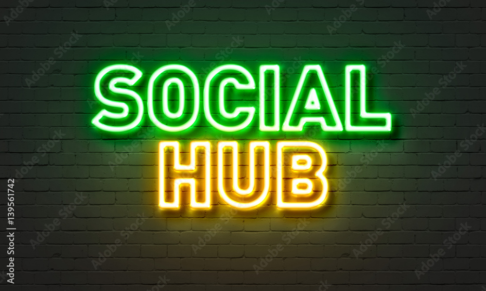 Social hub neon sign on brick wall background. Stock Illustration ...