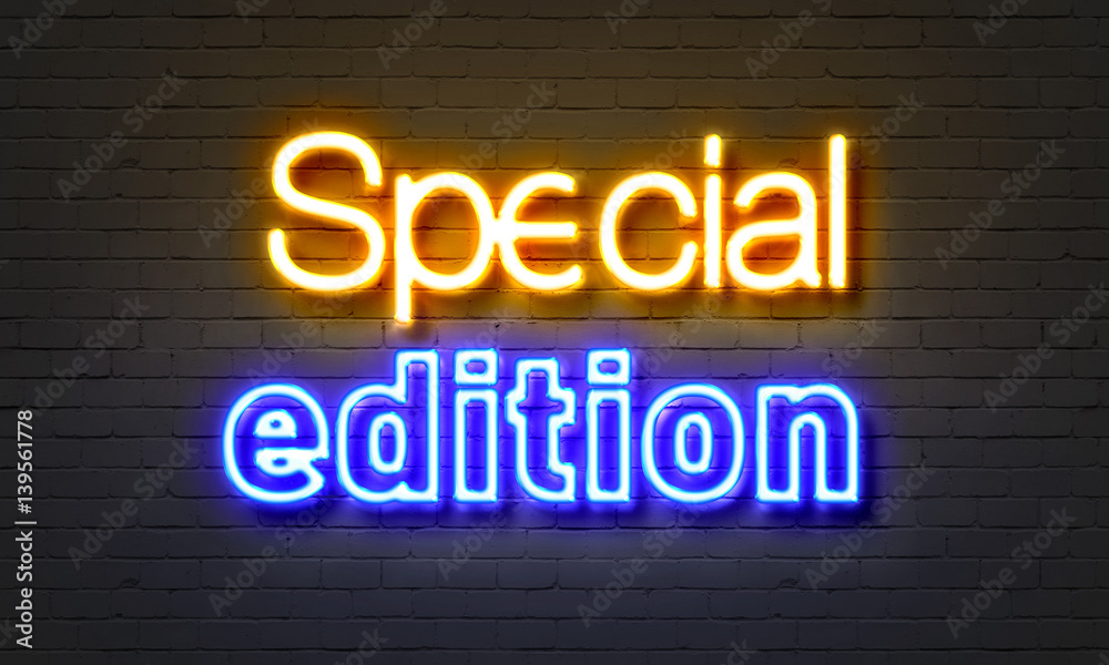Special edition neon sign on brick wall background. Stock Illustration ...