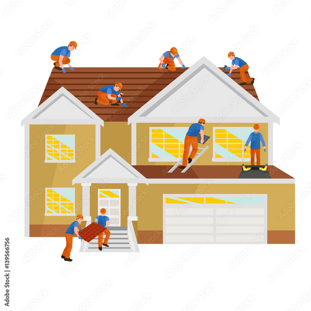 Poster roof construction worker repair home, build structure fixing ...